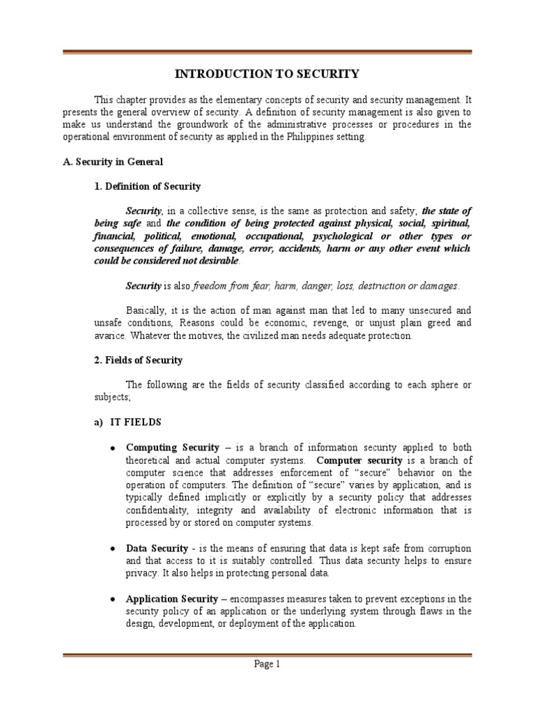 Introduction To Security: A. Security in General 1. Definition of ...