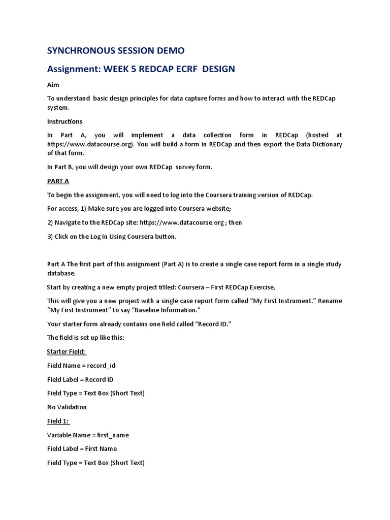 Synchronous Session Demo Assignment: Week 5 Redcap Ecrf Design | PDF | Software | Computer Science