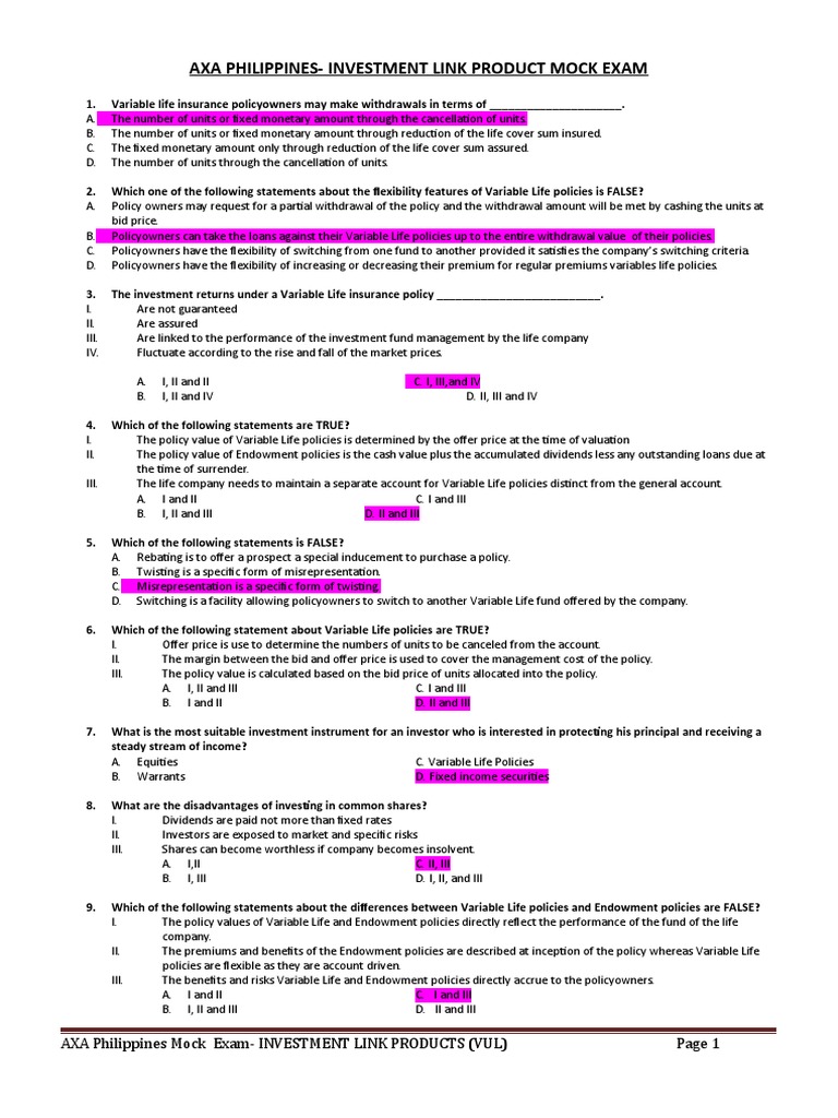 AXA Philippines Mock Exam Questions on Variable Life Insurance Policies ...
