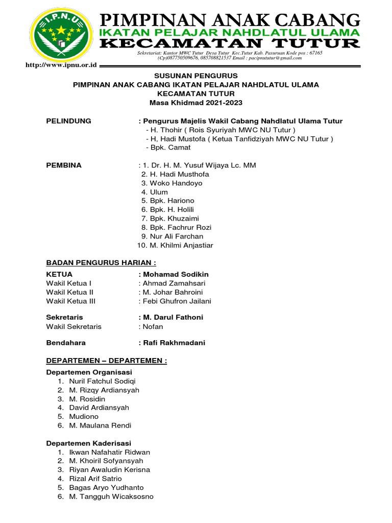Susunan Pengurus IPNU Kecamatan Tutur 2021-2023 | PDF