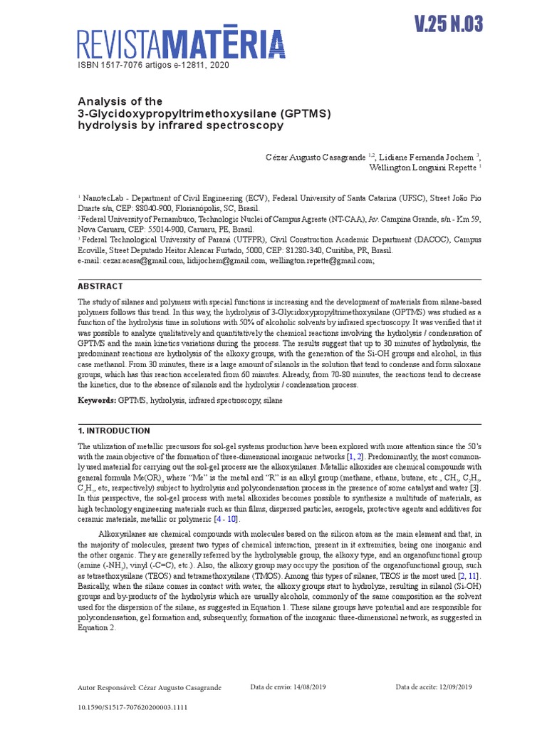 Analysis of The 3-Glycidoxypropyltrimethoxysilane (GPTMS) Hydrolysis by ...