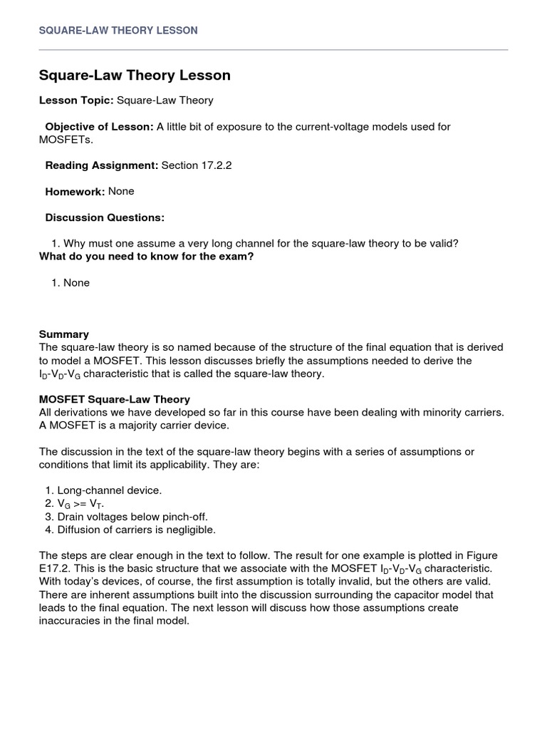 Square Law Theory Lesson | PDF | Mosfet | Electrical Components