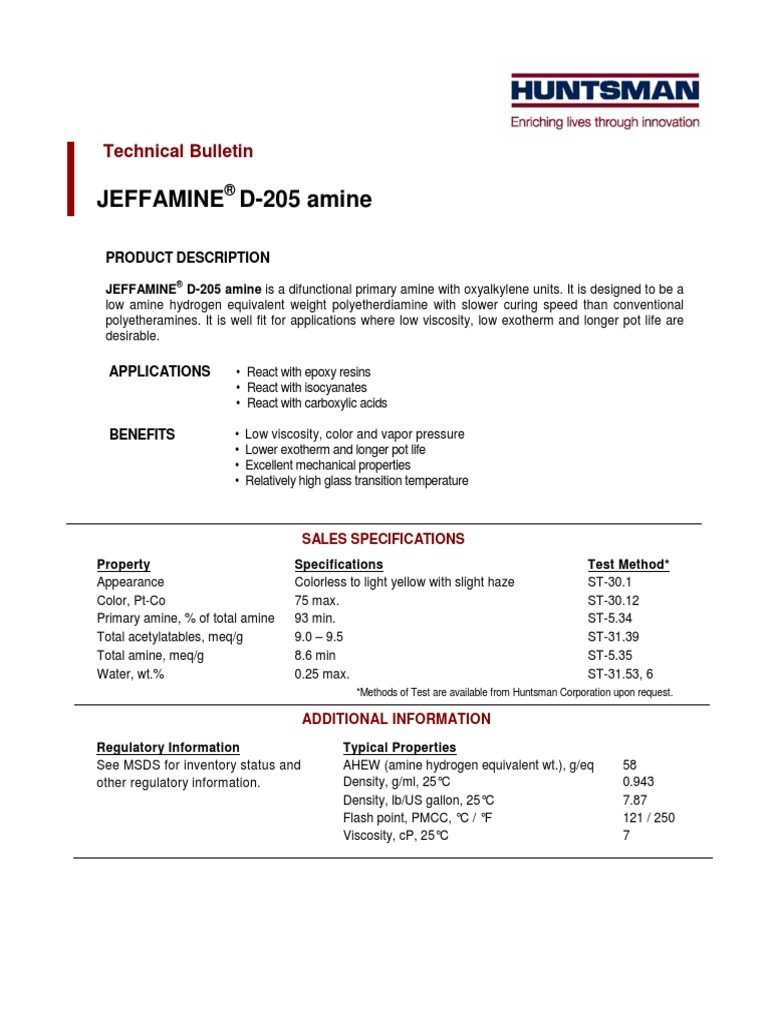 Jeffamine D-205 Amine: Technical Bulletin | PDF | Epoxy | Chemical ...