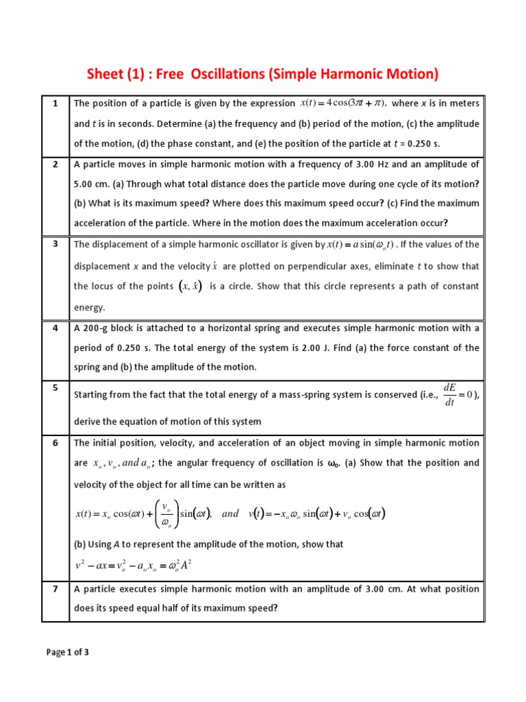 Sheet (1) : Free Oscillations (Simple Harmonic Motion) : T A T X | PDF ...