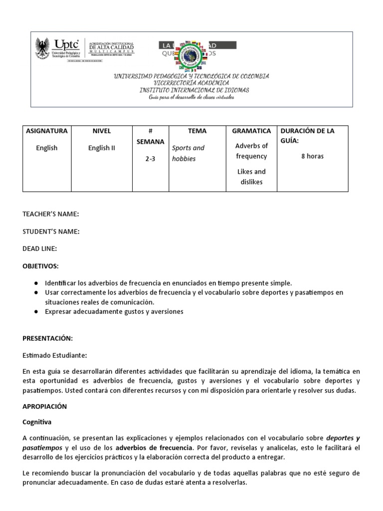 English Ii Guide 1 Weeks 2-3 | PDF | Mecánica del lenguaje | Tipología ...