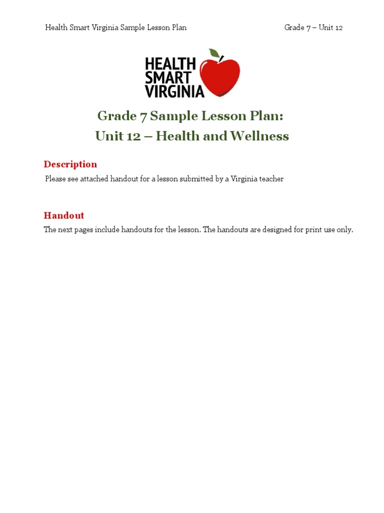 Grade 7 Sample Lesson Plan: Unit 12 - Health and Wellness: Description ...
