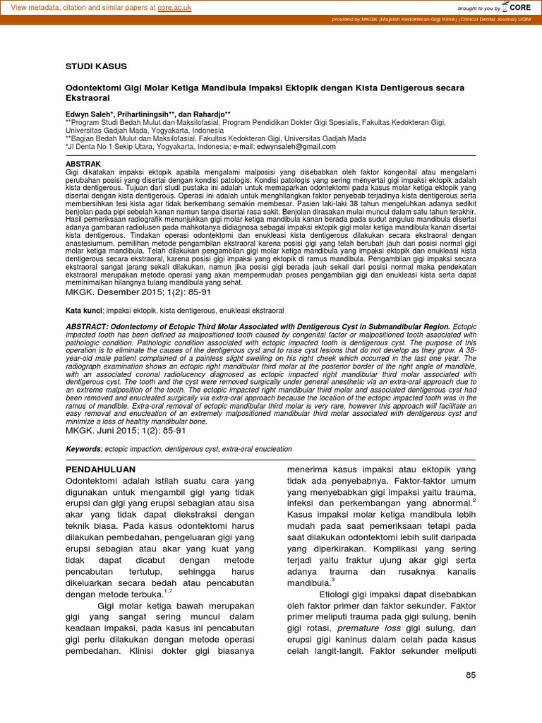 Studi Kasus Odontektomi Gigi Molar Ketiga Mandibula Impaksi Ektopik ...