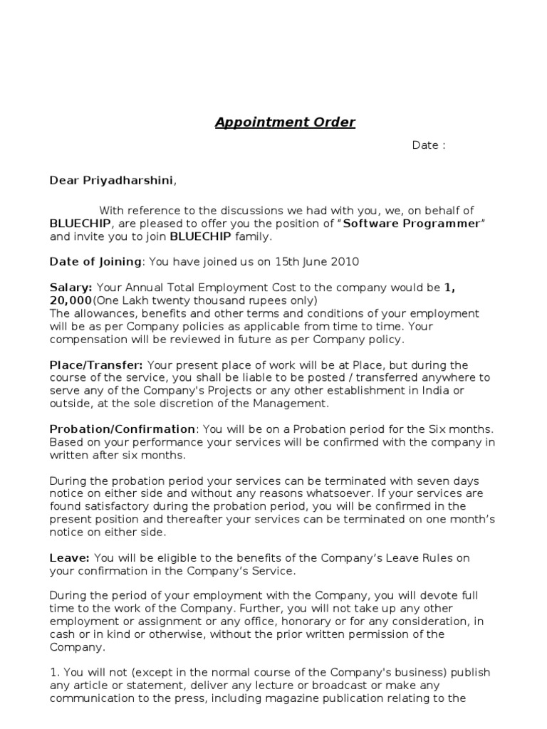 Appointment Order | PDF | Employment | Government Information