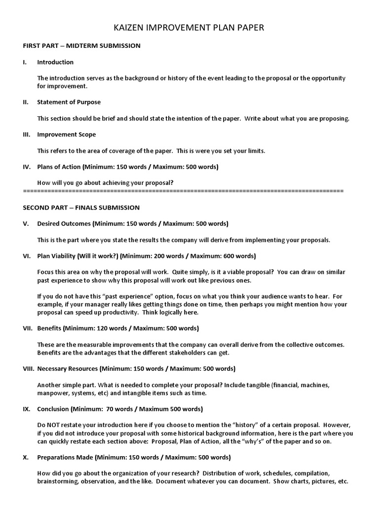 Kaizen Improvement Plan Paper: First Part - Midterm Submission | PDF ...