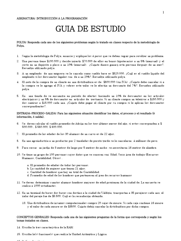 Guia Estudio Prueba N°1 (Polya, Conceptos, Pseudolenguaje) | PDF | Almacenamiento de datos de la ...