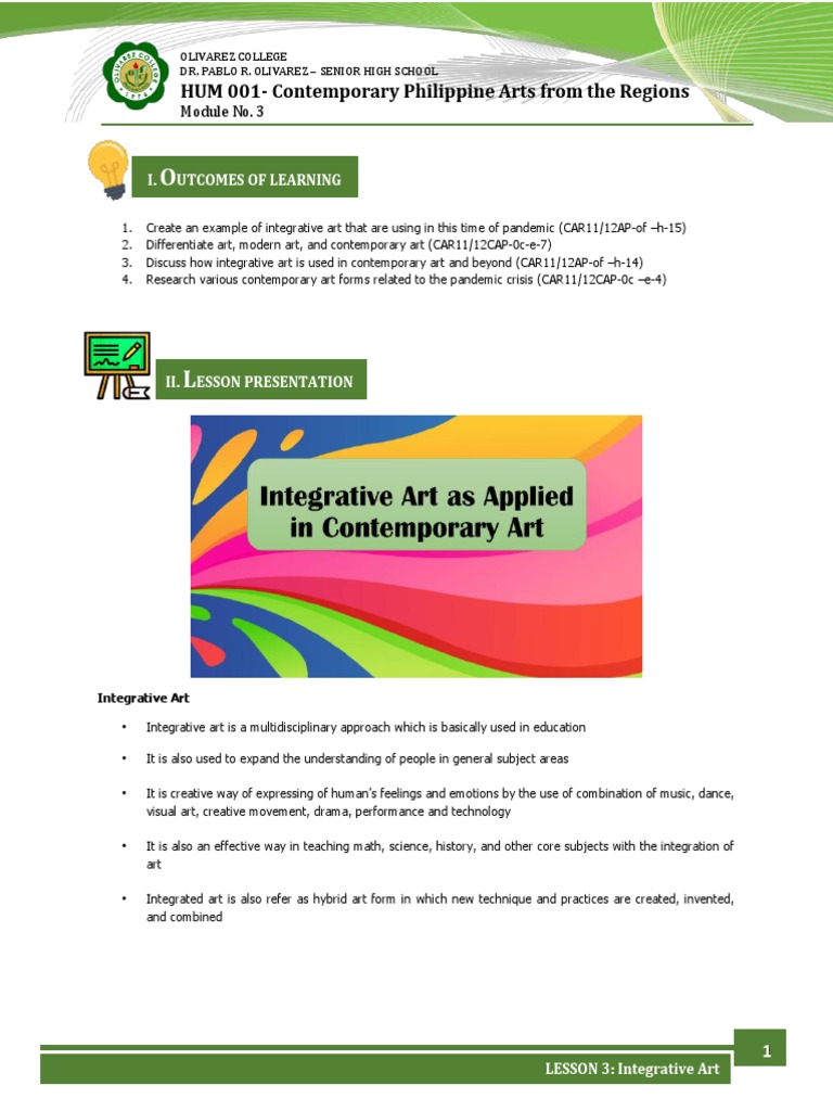HUM 001-Contemporary Philippine Arts From The Regions: I. Utcomes of ...