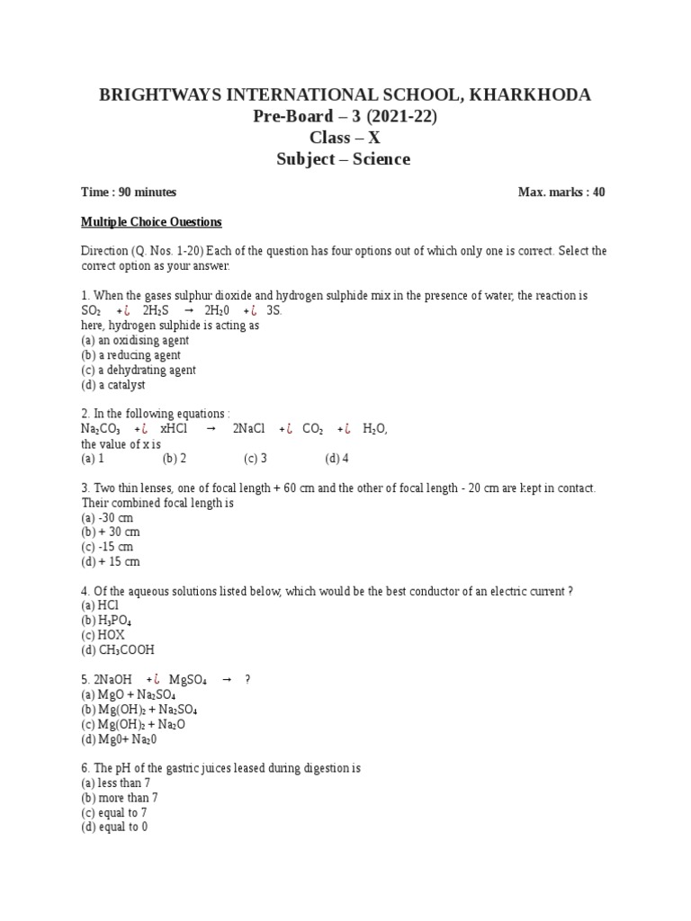 Class 10 Science Pre-Board 3 | PDF | Sodium Bicarbonate | Sodium Hydroxide