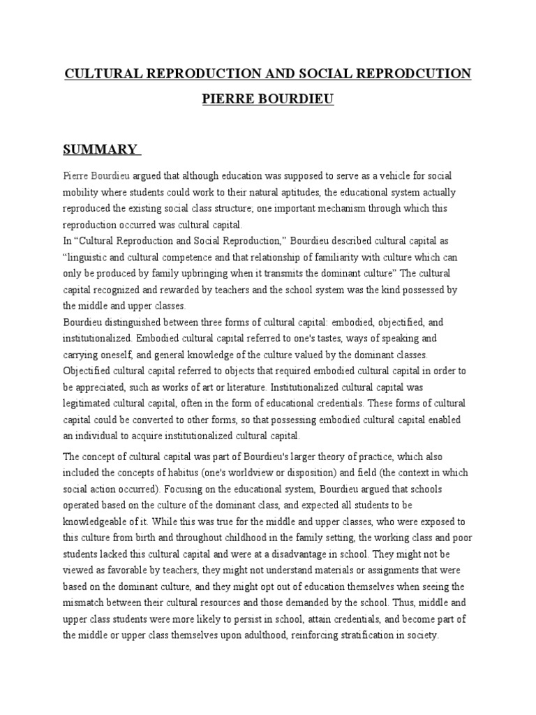 Cultural Reproduction and Social Reproduction | PDF