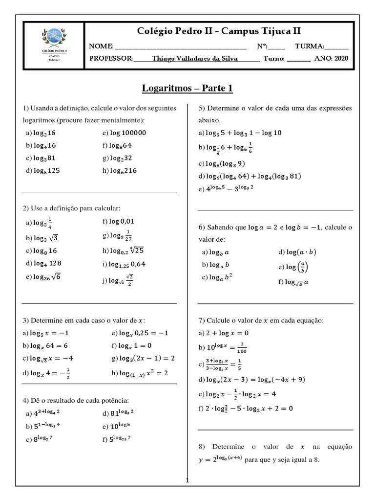 Logaritmos - Parte 1 - Lista | PDF | Matemática | Objetos matemáticos
