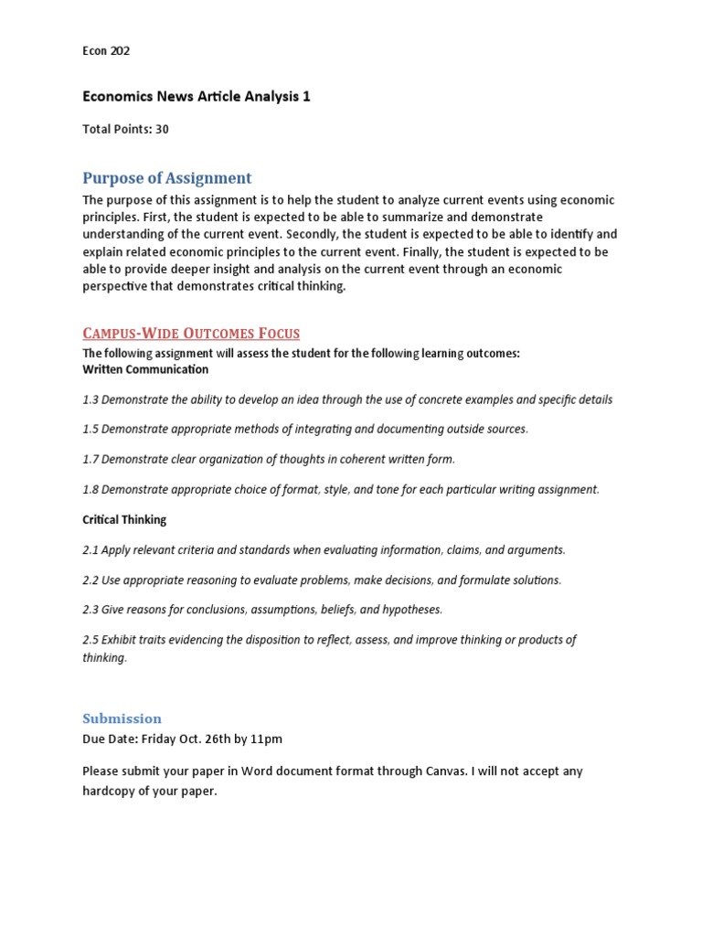 Econ 202 News Article Analysis Guide | PDF | Critical Thinking | Evaluation