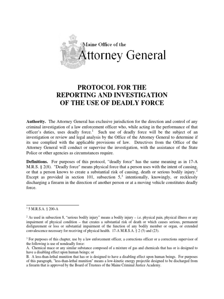 Maine Deadly Force Reporting Protocol | PDF | Deadly Force | Detective