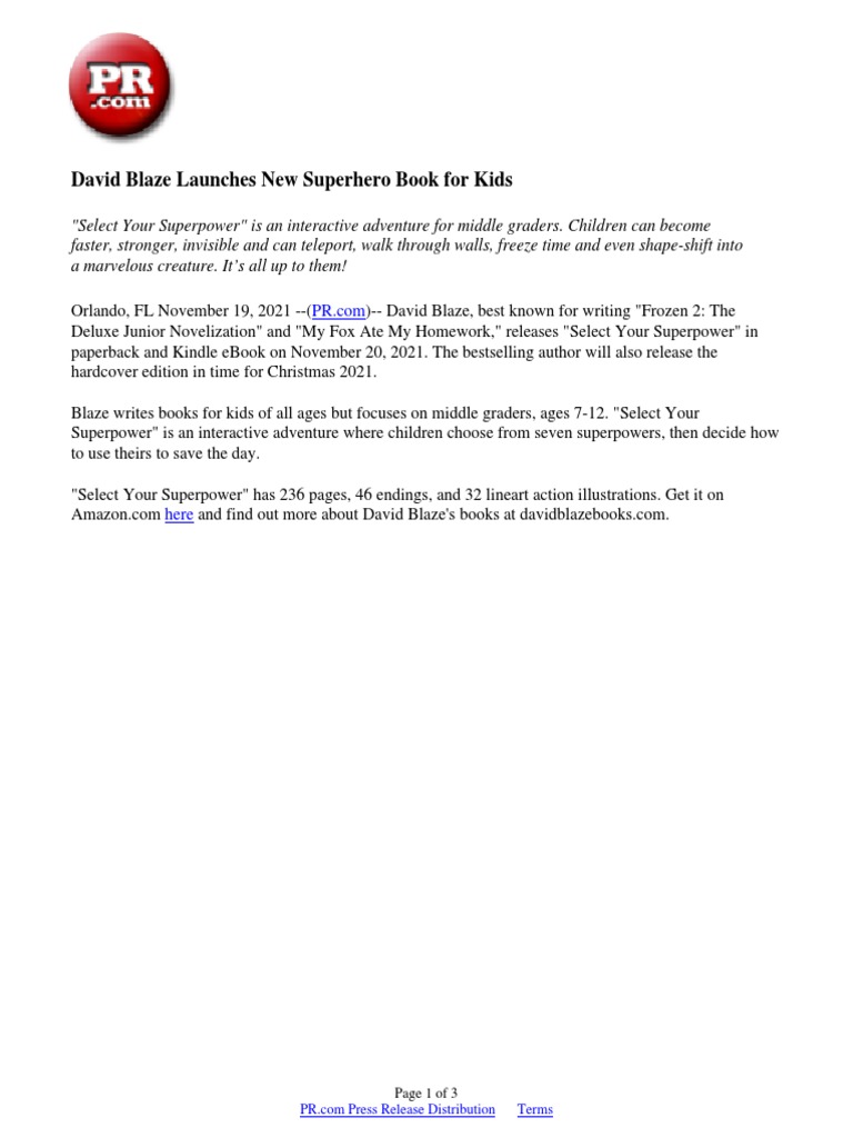 David Blaze Launches New Superhero Book For Kids | PDF | Books | Publishing