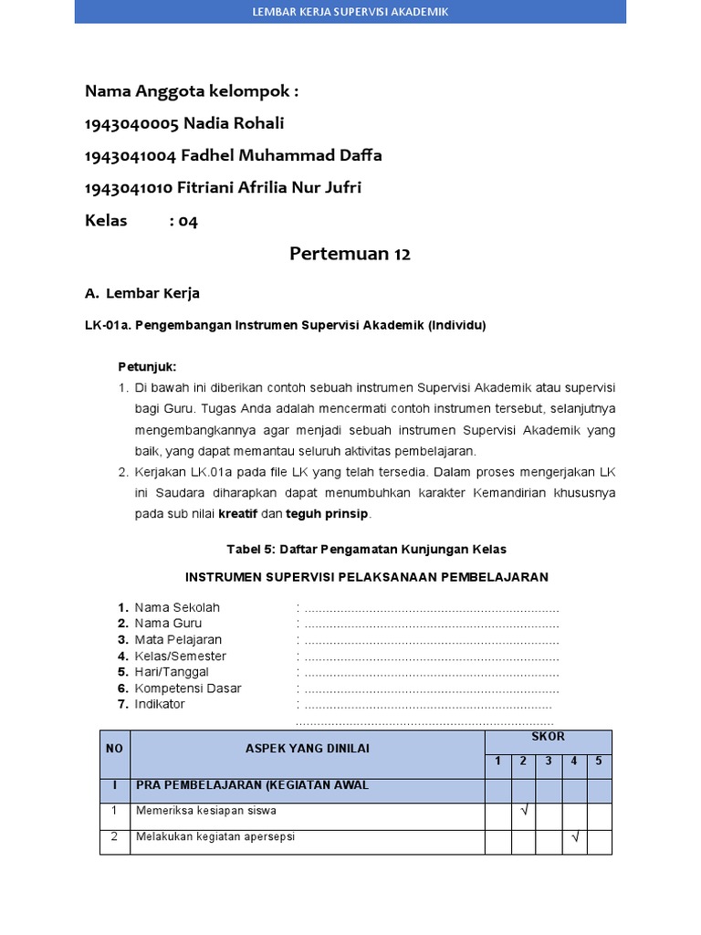 Lembar Kerja Pertemuan 12 Supervisi | PDF