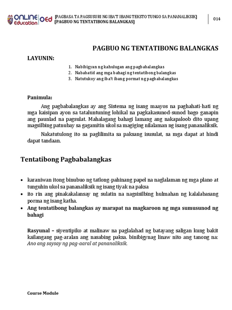 Week 014-Module Pagsulat NG Tentatibong Balangkas | PDF