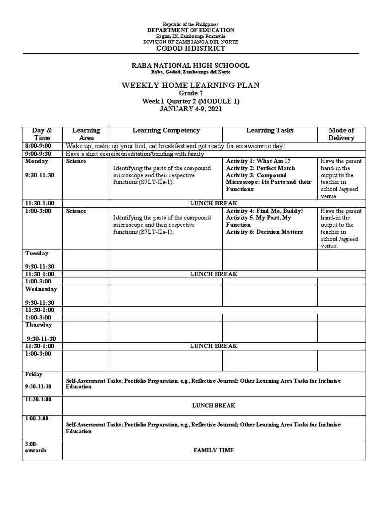 Grade 7 Weekly Home Learning Plan | PDF | Biology | Organisms