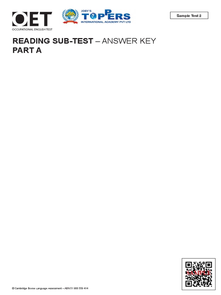 Reading Sub-Test - Answer Key Part A: Joby'S Toppers International ...