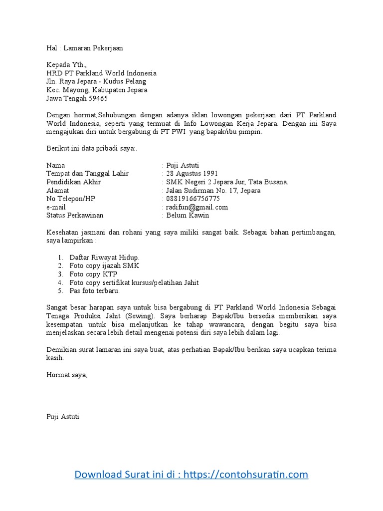 401 - Contoh Surat Lamaran Kerja Di Pabrik Jahit | PDF