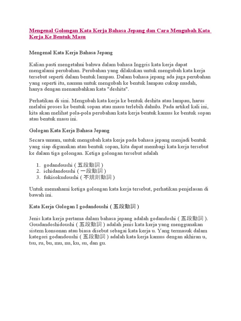 Mengenal Golongan Kata Kerja Bahasa Jepang Dan Cara Mengubah Kata Kerja Ke Bentuk Masu | PDF