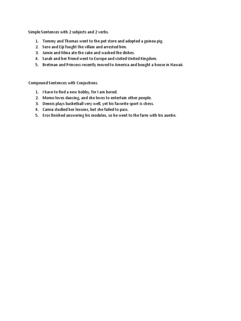 Simple Sentences With 2 Subjects and 2 Verbs | PDF