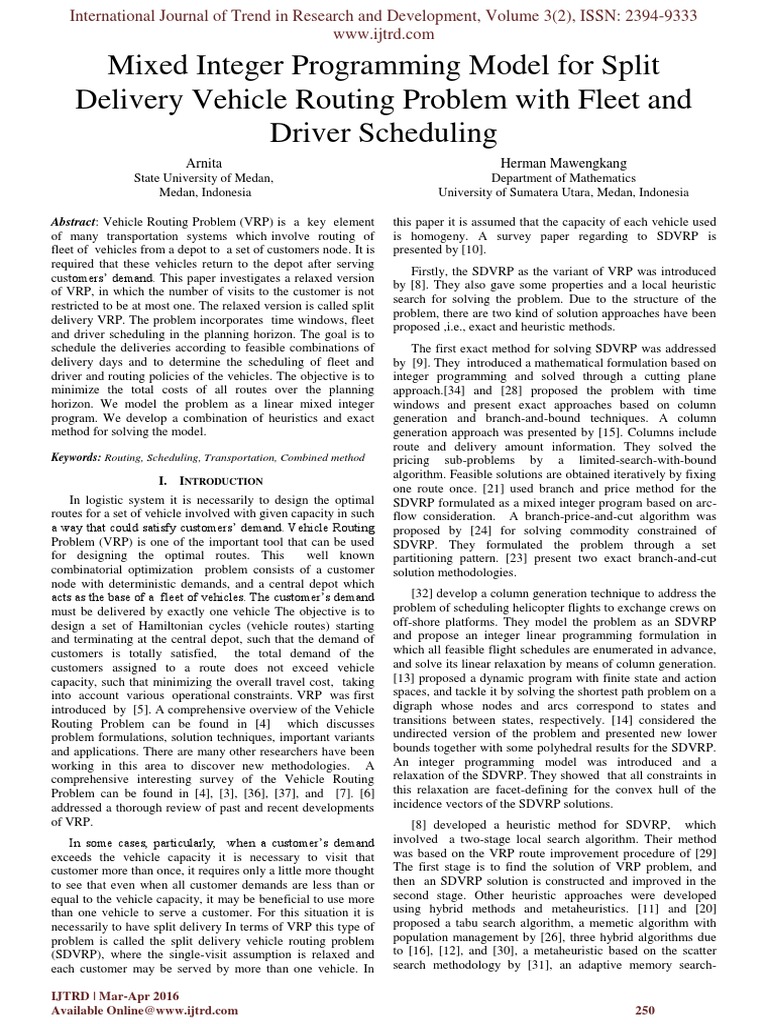 MIP Model For Split Delivery VRP With Fleet & Driver Scheduling | PDF | Mathematical ...