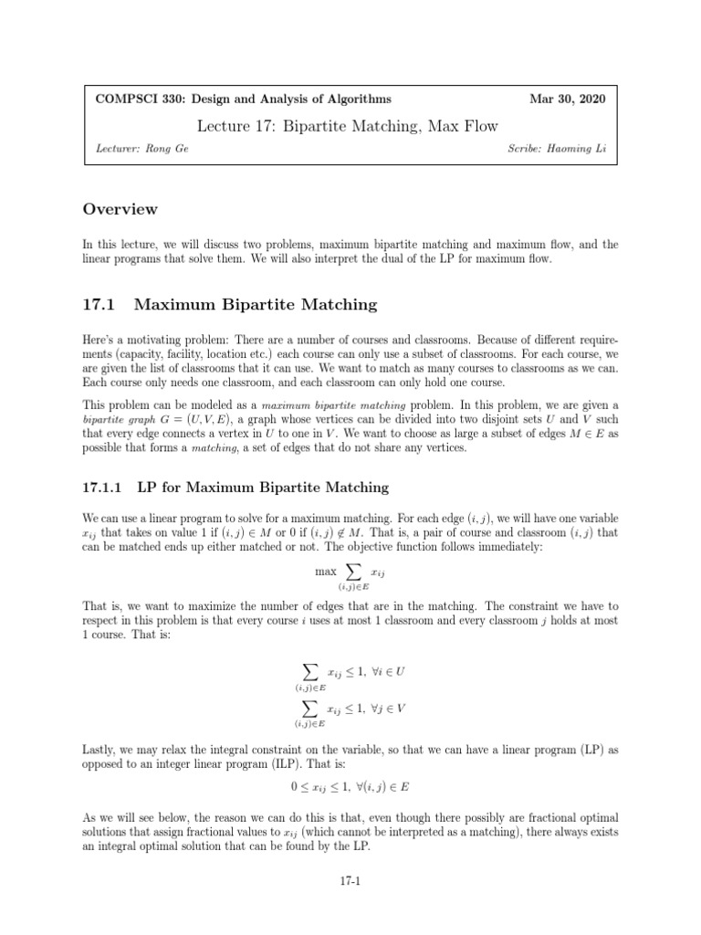 Bipartite Matching, Max Flow | PDF | Linear Programming | Algorithms