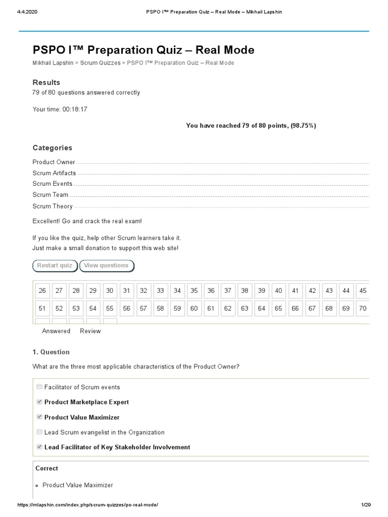 PSPO I™ Preparation Quiz - Real Mode - Mikhail Lapshin - Pre Final Test ...
