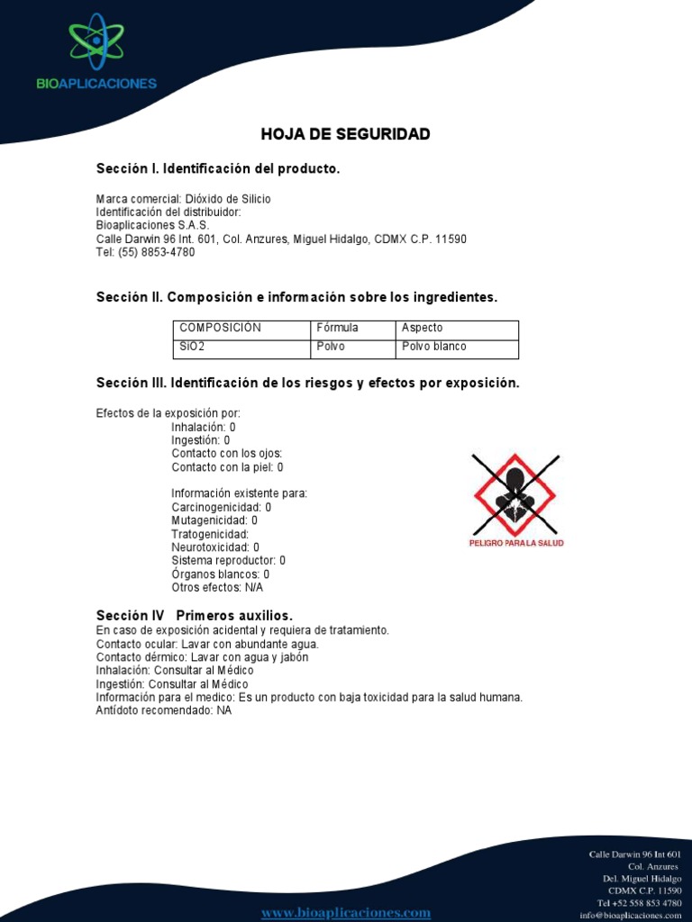 Hoja de Seguridad Dioxido de Silicio | PDF | Agua | Química
