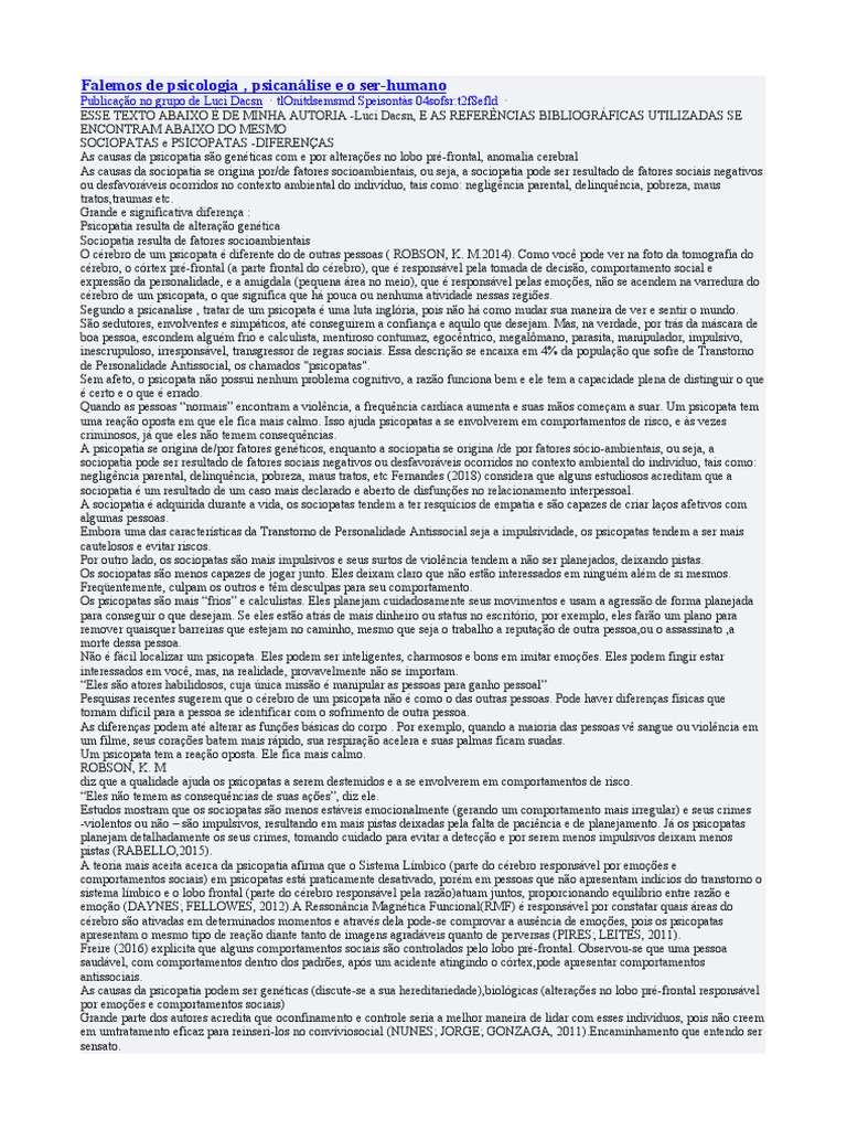 Sociopata | PDF | Psicopatia | Transtorno de personalidade antissocial