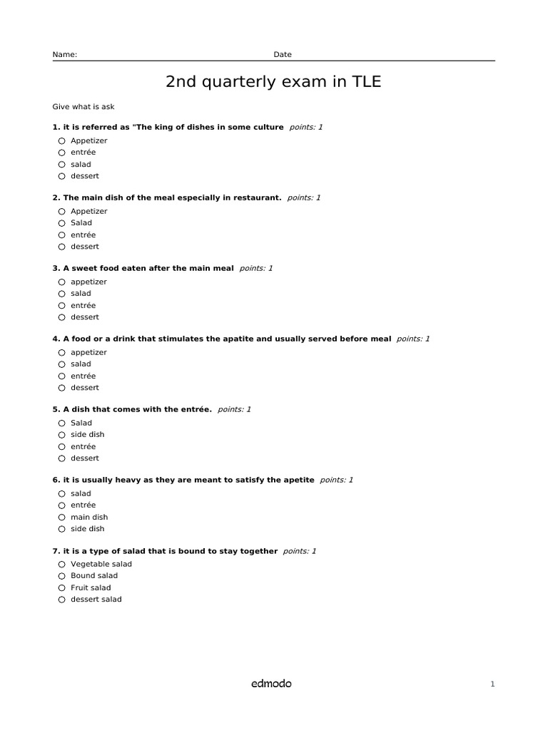 TLE 2nd Quarter Exam: Salads & Dishes | PDF | Salad | Regional & Ethnic ...