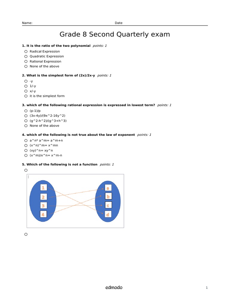 Grade 8 Second Quarterly Exam | PDF | Function (Mathematics ...
