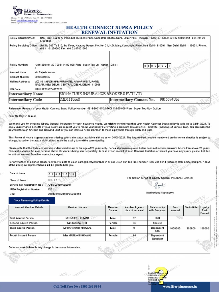 Health Connect Supra Policy Renewal Invitation: Signature Insurance ...