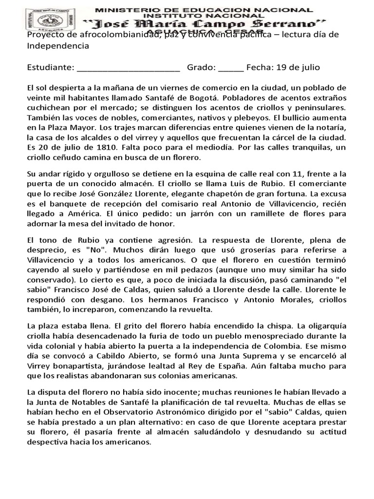 Lectura Dia Independencia 5 | PDF | Bogotá | América del Sur