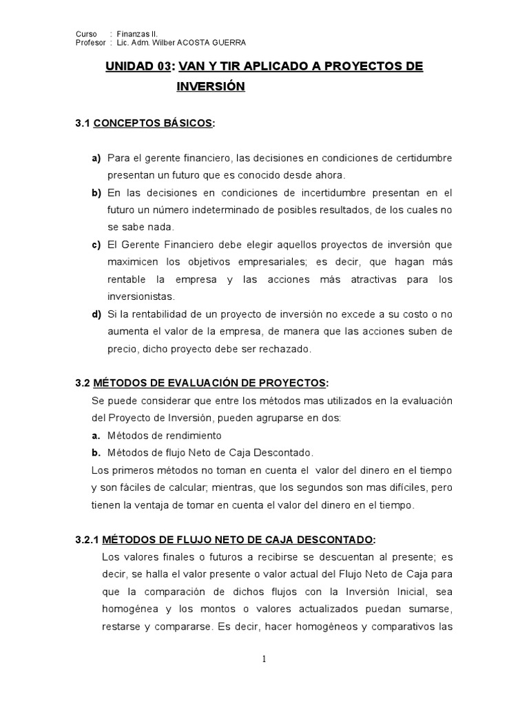 Unidad 03 - Van y Tir Aplicados A Proyectos de Inversion | PDF | Tasa ...