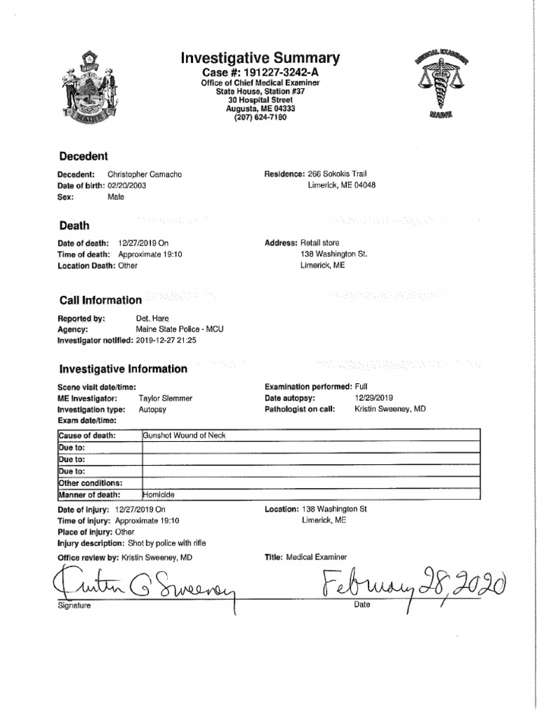 Christopher Camacho Autopsy Report | PDF