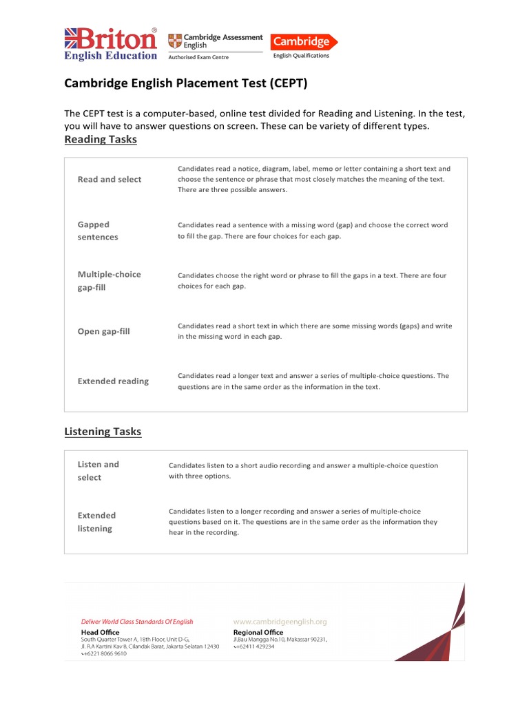 Cambridge English Placement Test (CEPT) : Reading Tasks | Download Free ...