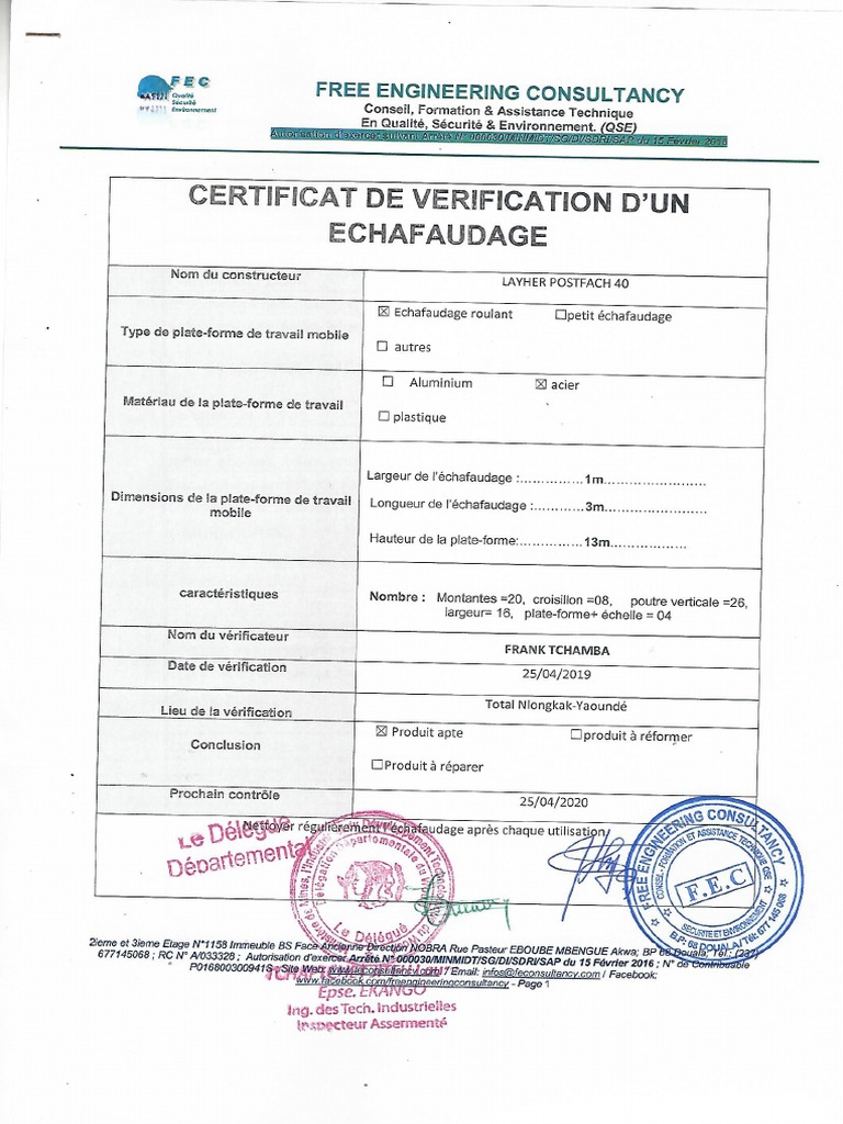 Certificat de Verification D'un Echaffaudage | PDF