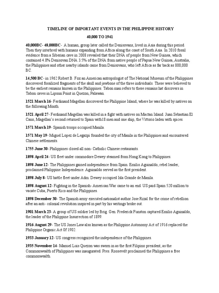 Timeline of Important Events in The Philippine History | PDF ...