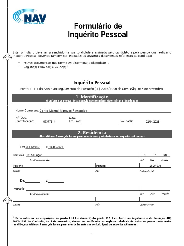 Inquérito Pessoal (FIP) - V1.0 | PDF | Portugal | União Europeia