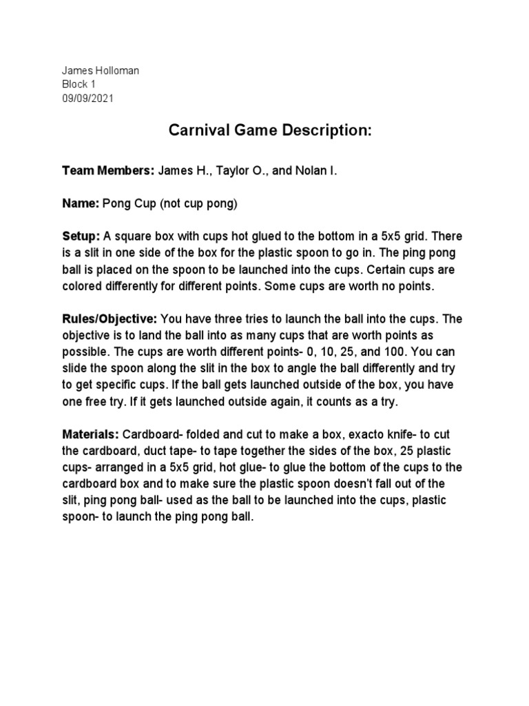 James Holloman - Carnival Game Description | PDF | Sports & Recreation