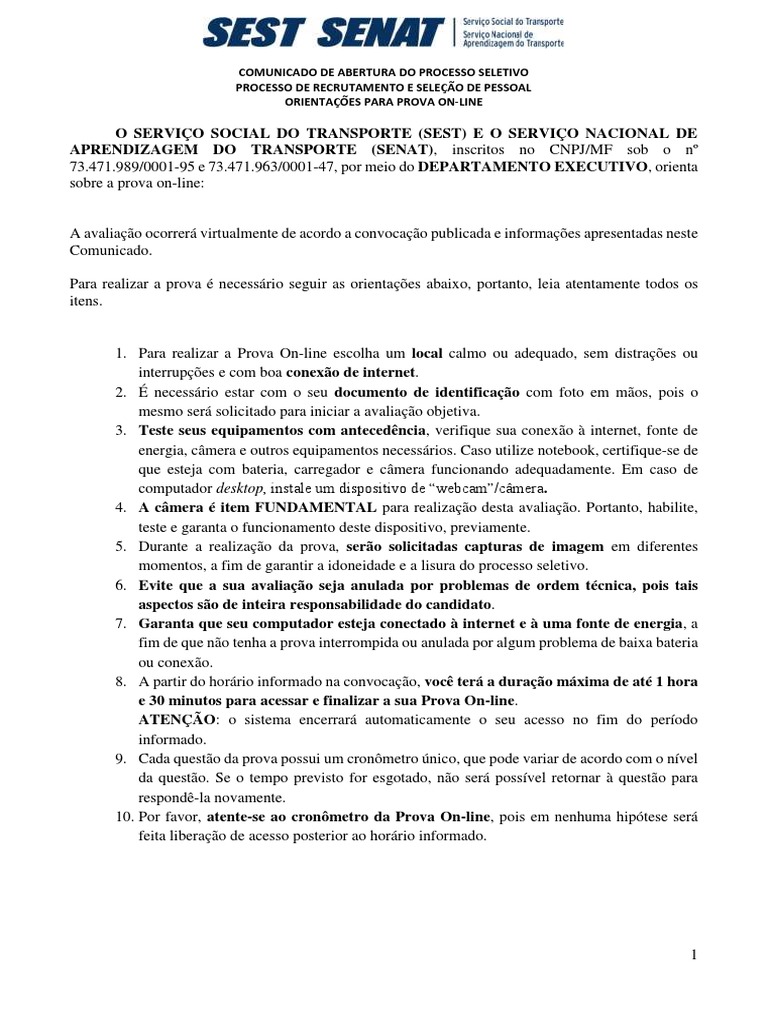Orientações para Prova Online SEST SENAT | PDF | Internet | Recrutamento