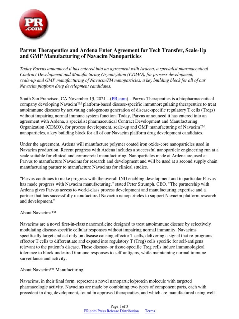 Parvus Therapeutics and Ardena Enter Agreement For Tech Transfer, Scale ...
