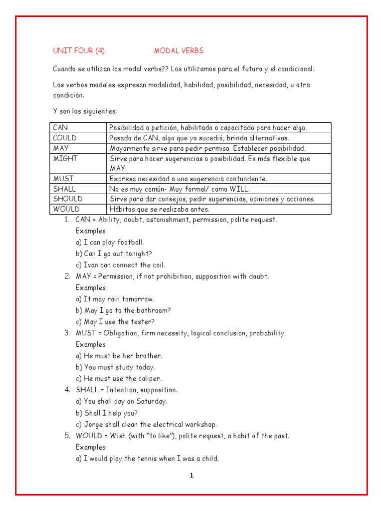 Unit Four (4) Modal Verbs | PDF | Linguistics