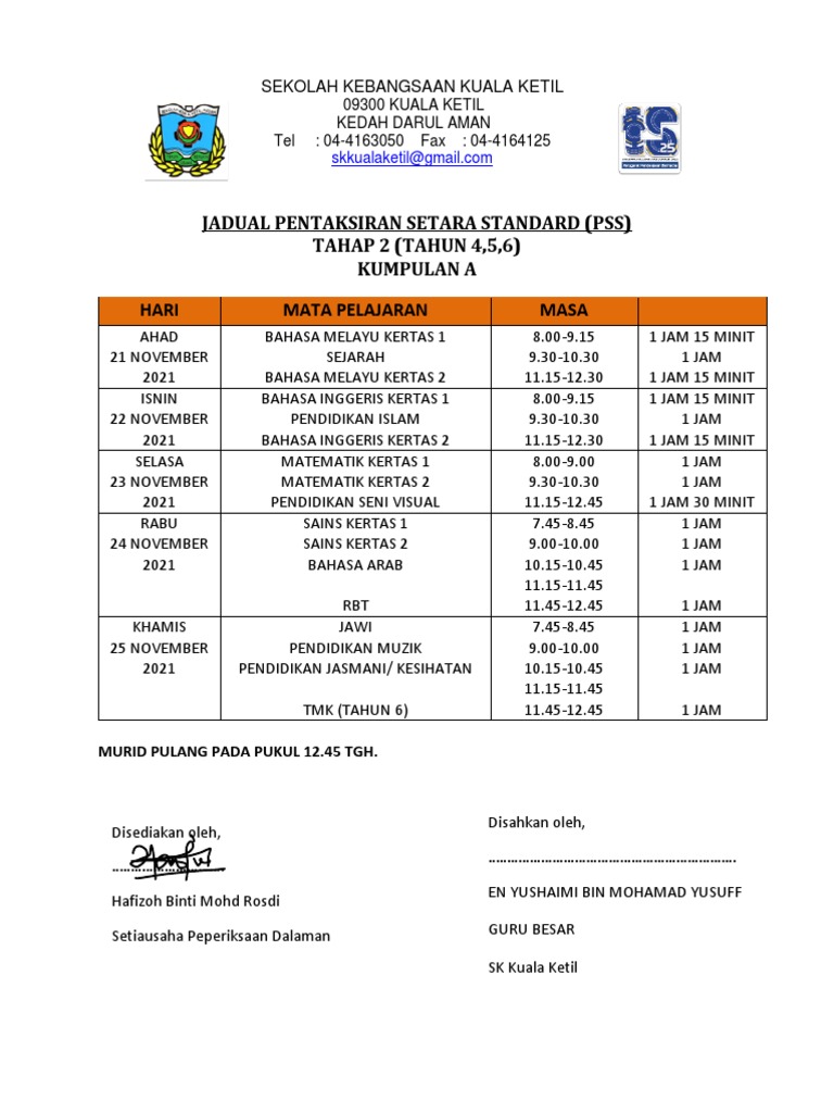 Jadual Pentaksiran Setara Standard Tahun 2021 | PDF