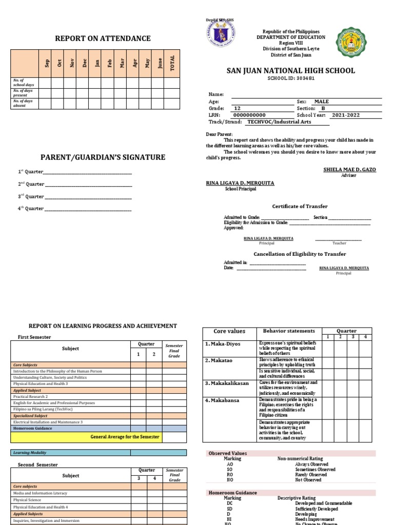 DepEd SF9-SHS Report Card | PDF | Learning | Behavior Modification