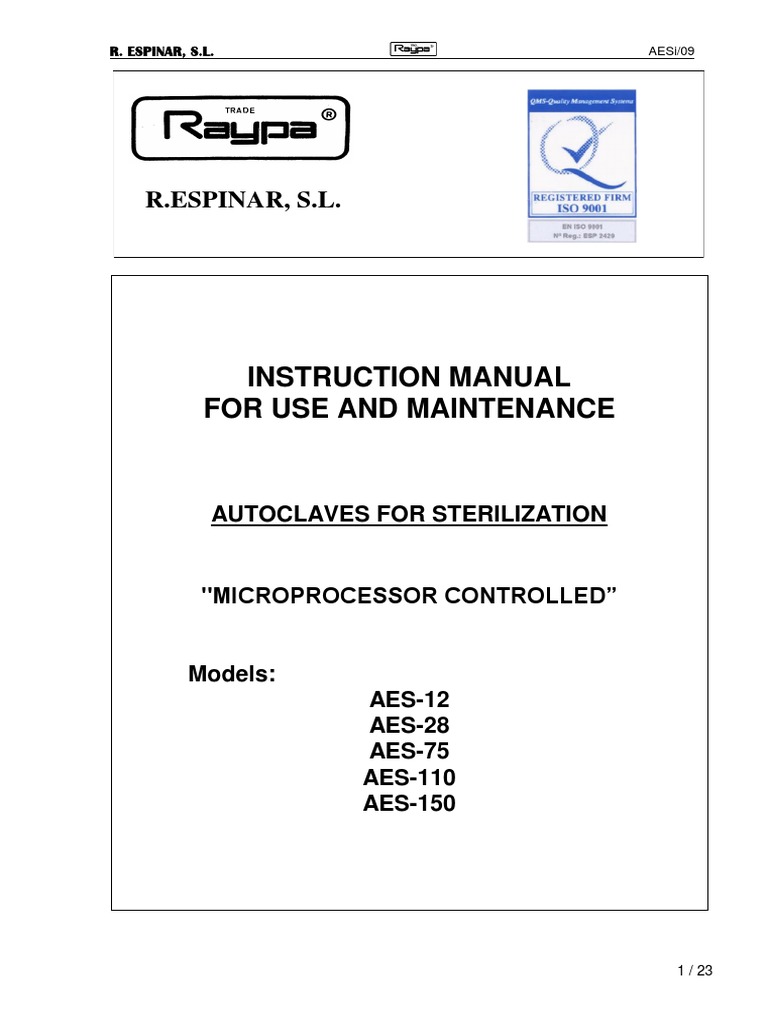 Operation and Maintenance Manual for Microprocessor-Controlled Autoclaves Models AES-12, AES-28 ...